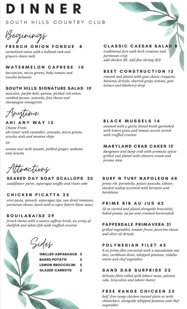 Take Out Menus – South Hills Country Club